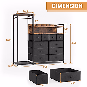 HPWLYO 10 Drawers LED Dresser for Bedroom, Black Fabric Dresser with Clothes Rack, Tall Storage Chest of Drawers, Dressers & Chests of Drawers, Wooden Top, Bedroom, Closet