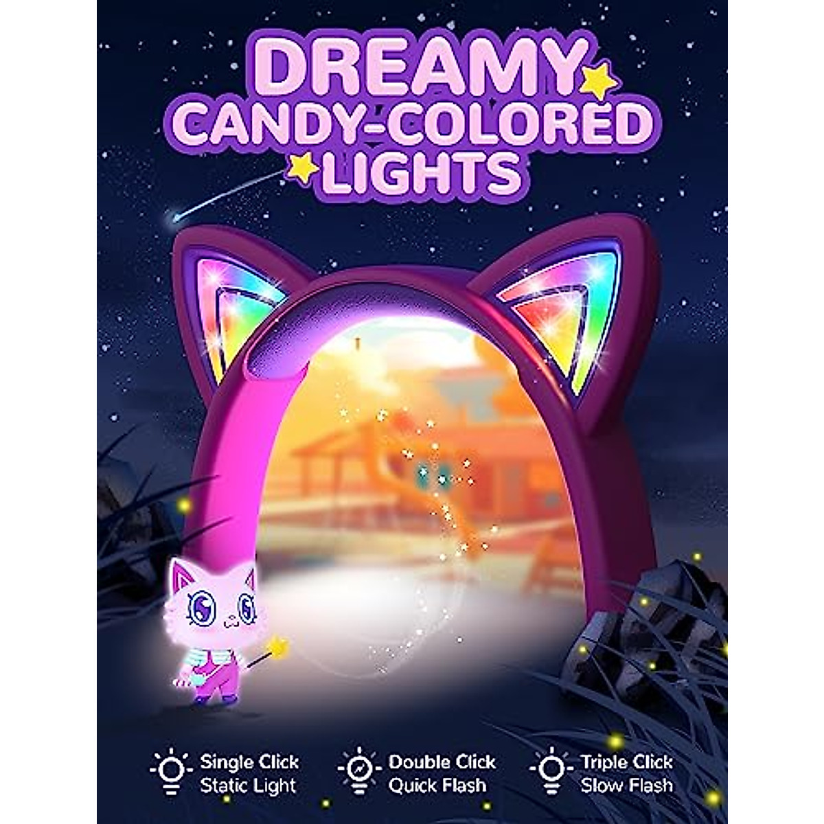 iClever Kids Headphones Cat Ear, LED Light Up, 85dBA Safe Volume, Stereo Sound Toddler Headphones for Travel School, Foldable 3.5mm Wired Kids Headphones for iPad Tablets, Meow Lollipop-Hot Pink