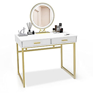 NTReasy Vanity Desk with 2 Drawers, 39 inch Modern Home Office Computer Desk, Makeup Dressing Writing Desks with Storage for Study Bedroom (White and Gold)