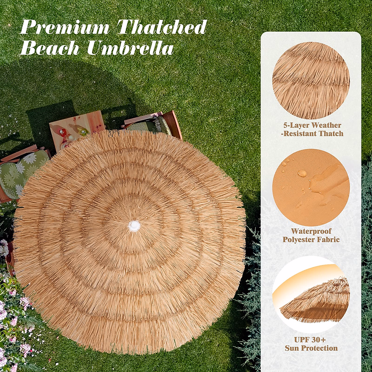 Tangkula 6ft Thatched Patio Umbrella, Hawaiian Tiki Umbrella with Carrying Bag, Tilt Design, Foldable & Portable Outdoor Market Table Umbrella, Tropical Beach Umbrella for Beach Patio Garden Poolside