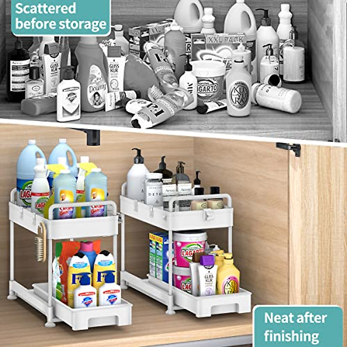 2 Pack Under Sink Organizer- Stackable 2 Tier Bathroom Storage Organizers and Storage with Hanging Cup and Hooks, White Under Sink Shelf Rack for Bathroom Kitchen Countertop Office Cabinets,White