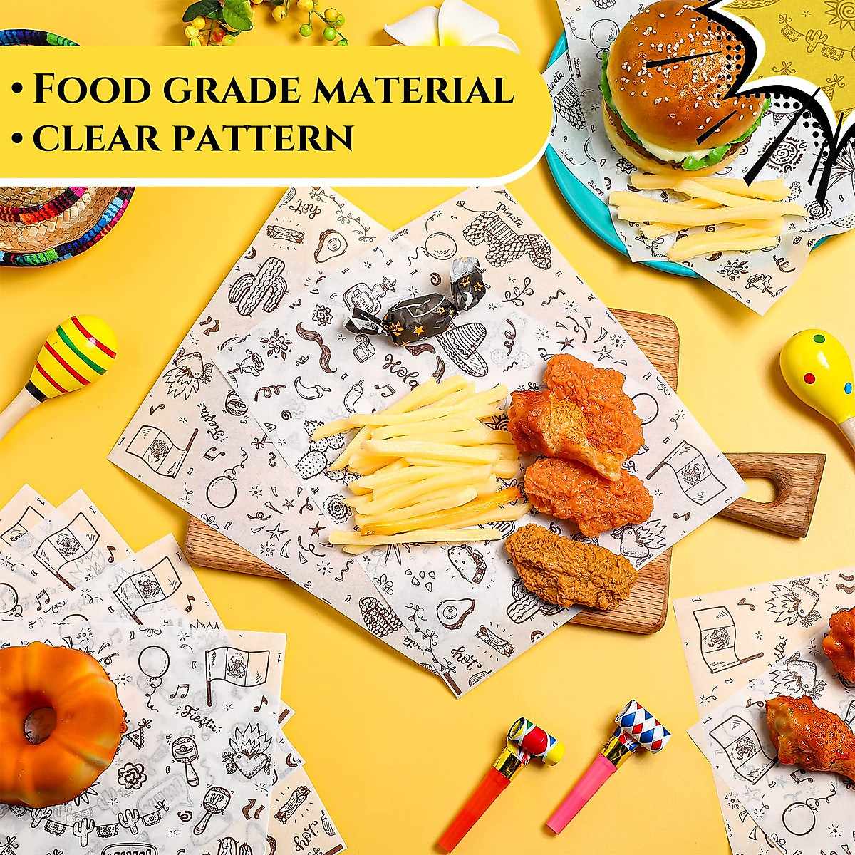 150 Pcs Deli Wax Paper Taco Wrapping Paper Mexican Festival Wax Paper Sheets for Food Greaseproof Paper Sandwich Picnic Food Basket Liners Wax Wrappers Bakery Tissue Sheets for Kitchen (Fiesta)