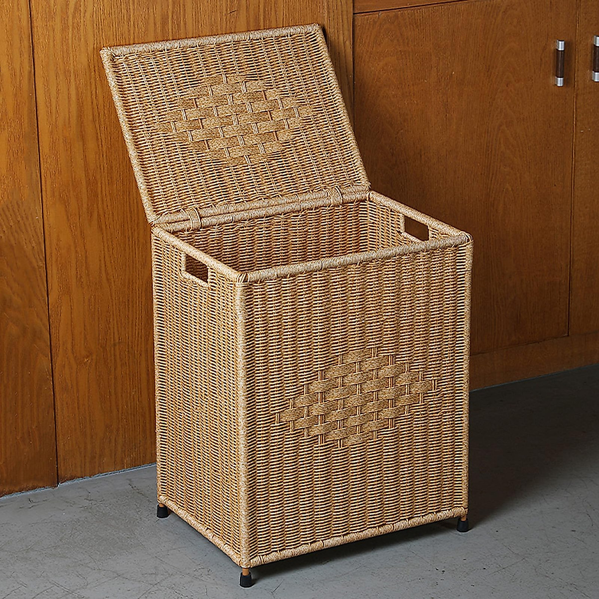 DIIDIIF Shelf Square Laundry Basket With 4 Legs, Handwoven Laundry Hamper With Lid, Metal Skeleton, Imitation Rattan Storage Basket With 2 Handles, 45X35X58cm