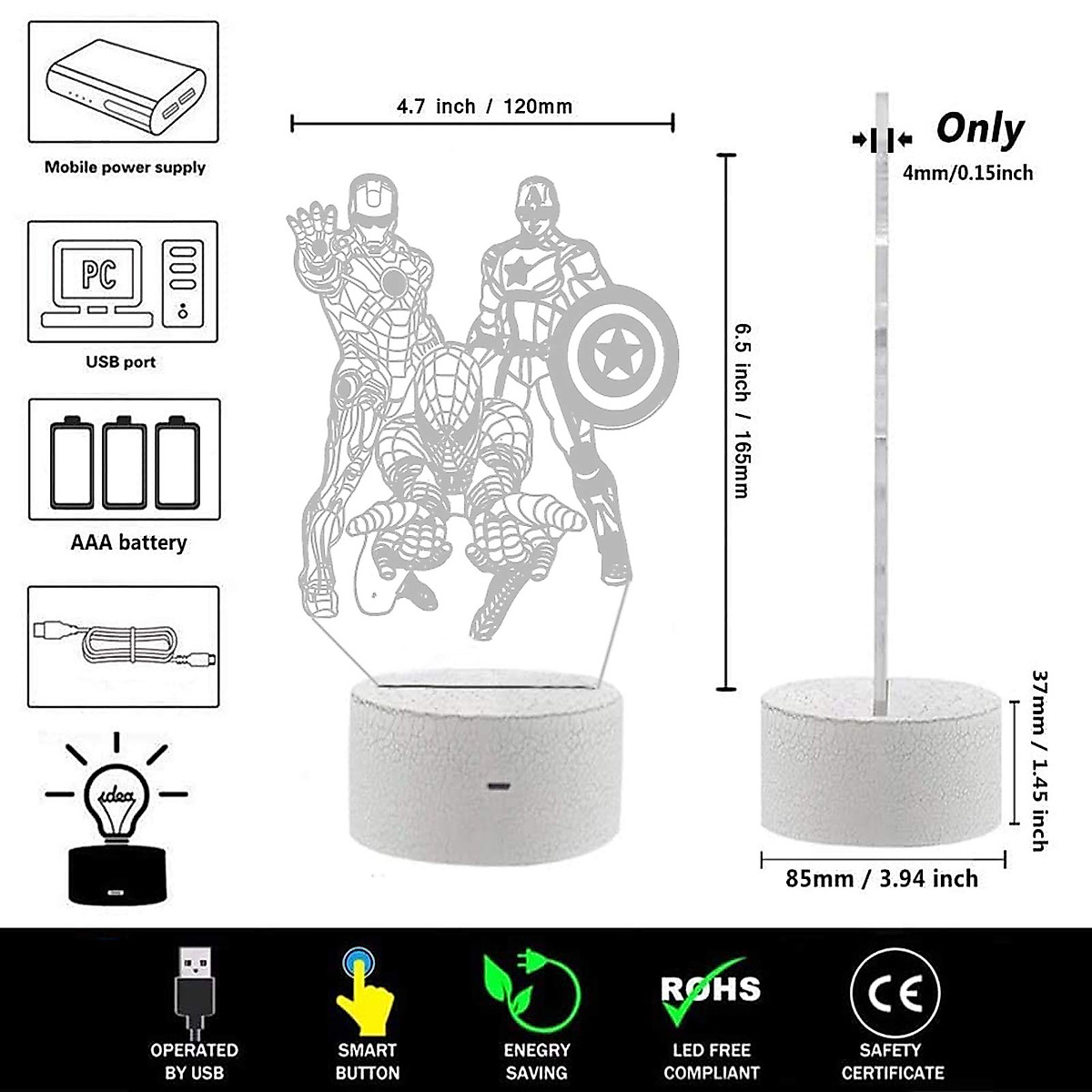 XXMANX Boys Toys Night Light for Kids, 3D Illusion Lamp Touch Control Dynamic Colors Changing with 3 Pattern Kids Toys Christmas Gifts for Men Boys