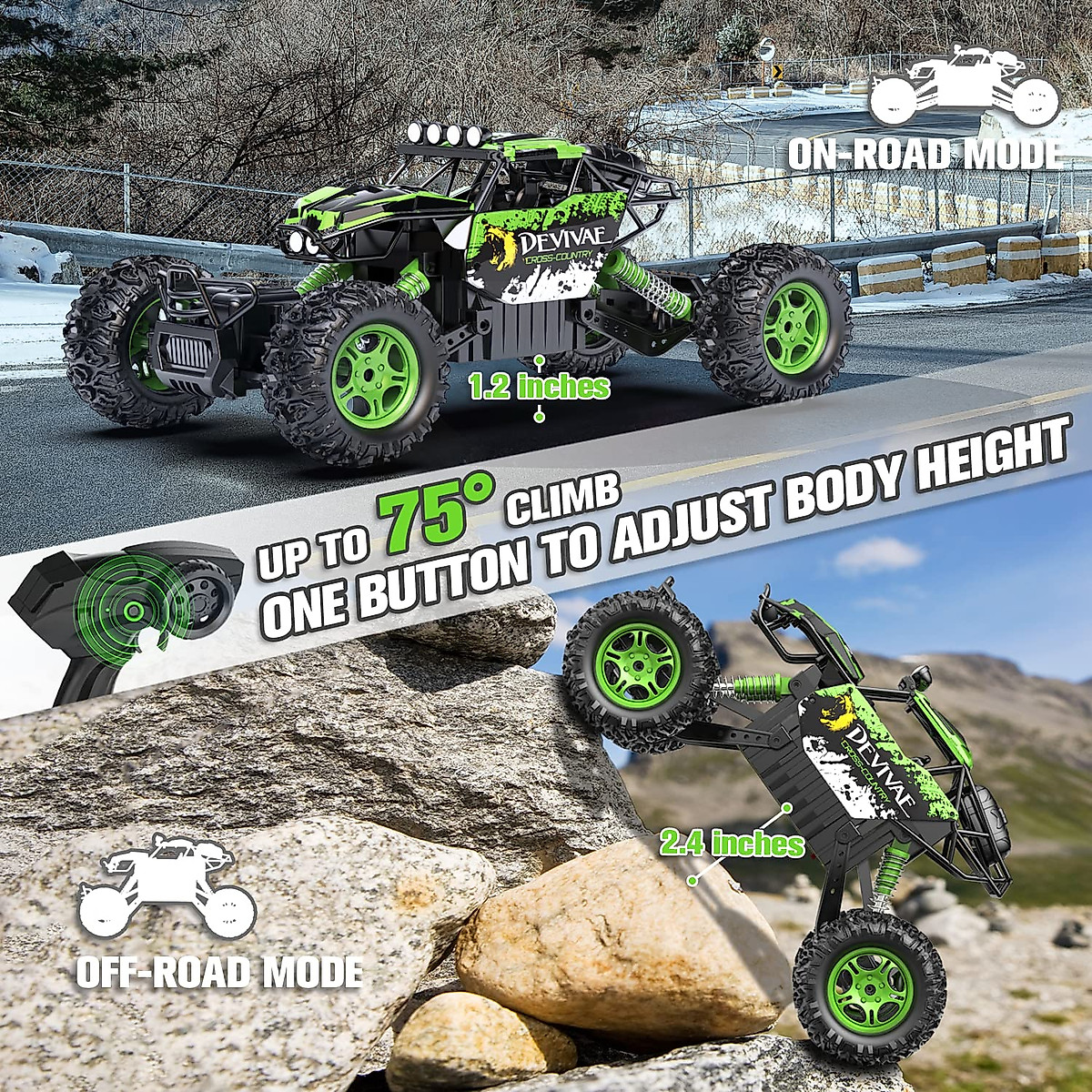 CROBOLL 1:12 Large RC Cars for Boys with Upgraded Lifting Function, 2.4GHz 4WD Remote Control Car toy Gifts 20km/h Monster truck for Kids, All Terrain RC Truck for 60Min Play(Green)