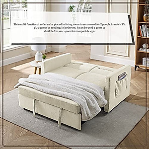 Polibi 54.5'' Modern Convertible Sleeper Sofa Bed with Two Arm Pockets, Velvet Sofa w/Pull-Out Bed Loveseat Sofa Couch and Adjsutable Back for Living Room (Beige)