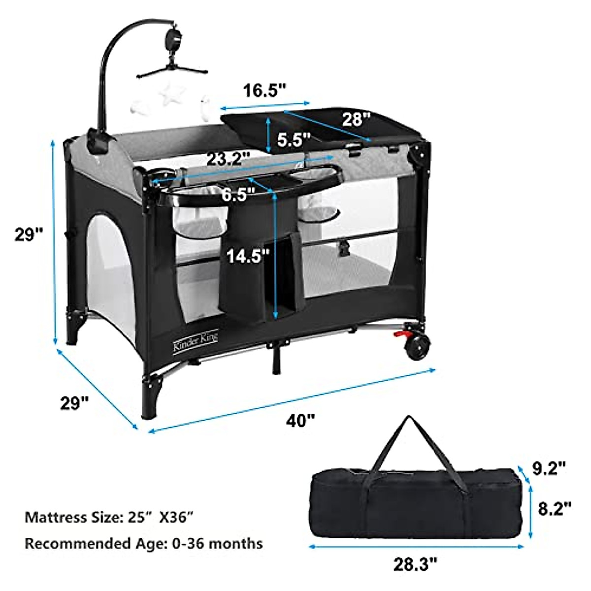 4 in 1 Portable Pack n Play, Baby Bedside Crib w/Bassinet, Folding Nursery Center Playard, Large Playpen for Infant and Toddler, Newborn Changing Table, Storage, Grey Basket, Side Zipper, Travel Bag