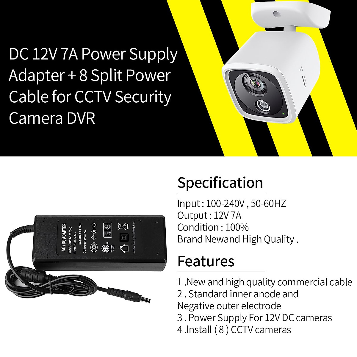 12V 7A CCTV Surveillance Video Power Supply Adapter + 1 to 8 Power Splitter & 110~240V AC 2.1mm Plug for Security Camera，LED Strip Light