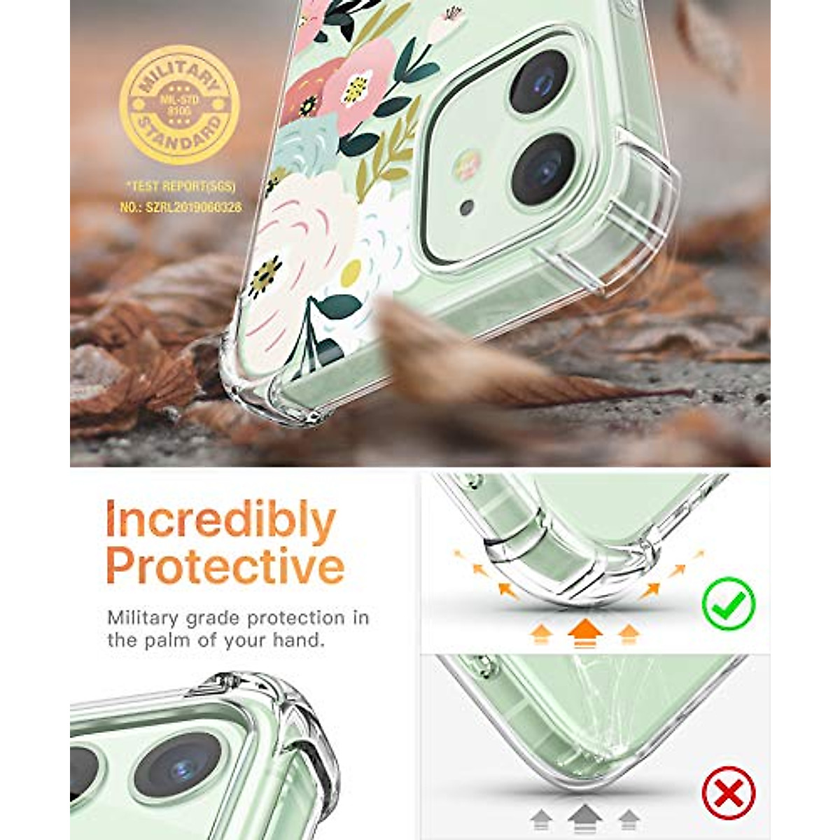 GVIEWIN for iPhone 12 Case and iPhone 12 Pro Case with Screen Protector + Camera Lens Protector, Clear Floral Flexible TPU Shockproof Women Girls Flower Pattern Phone Case 6.1"(Abundant Blossom/White)