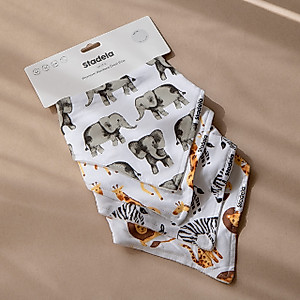 Stadela Baby 100% Cotton Bandana Drool Bibs for Drooling and Teething Nursery Burp Cloths 4 Pack Unisex Set for Girl and Boy – Safari Africa Jungle Animal Elephant Giraffe Lion Zebra