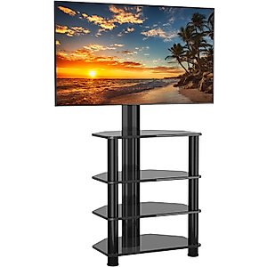 YOMT Floor TV Stand with 4 Tier Media Stand Audio Video Rack Tower for Entertainment Stereo Component, Tall TV Stand with Swivel Mount for 32-70 inch TV, Perfect for Corner and Small Spaces