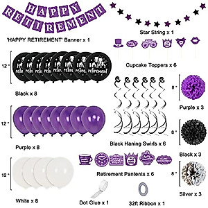 Retirement Party Decorations Purple Black, Xourspaty Retirement Decorations Supplies for Women Female Friends Happy Retirement Banner Latex Balloons with Hanging Swirls Paper Pompoms Cake Toppers Kit