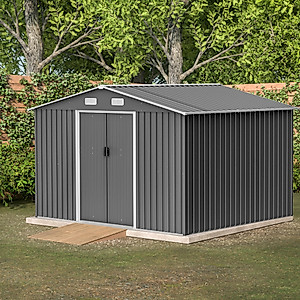 Lifeand 10’x 8’ Outdoor Storage Shed, All Weather Metal Sheds with Metal Foundation & Lockable Doors, Tool Shed for Garden, Backyard, Front Yard, Lawn, Patio, Grey