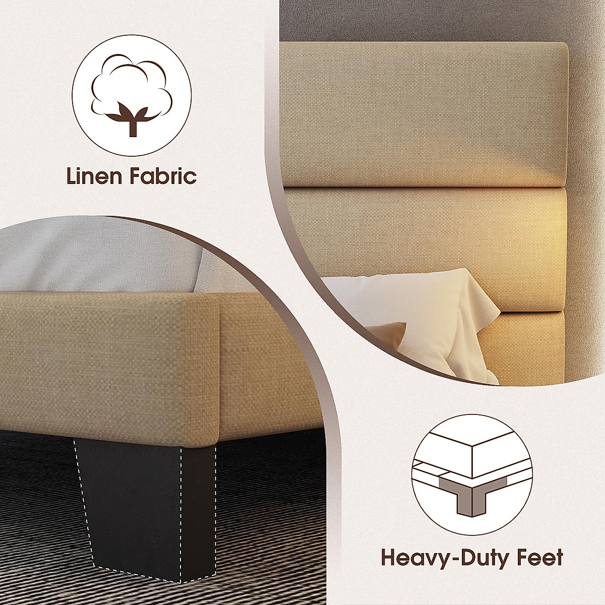 WEEWAY Queen Bed Frame Platform Bed with Linen Fabric Upholstered Headboard and Wooden Slats Support, Heavy Duty Mattress Foundation, No Box Spring Needed, Easy Assembly, Beige