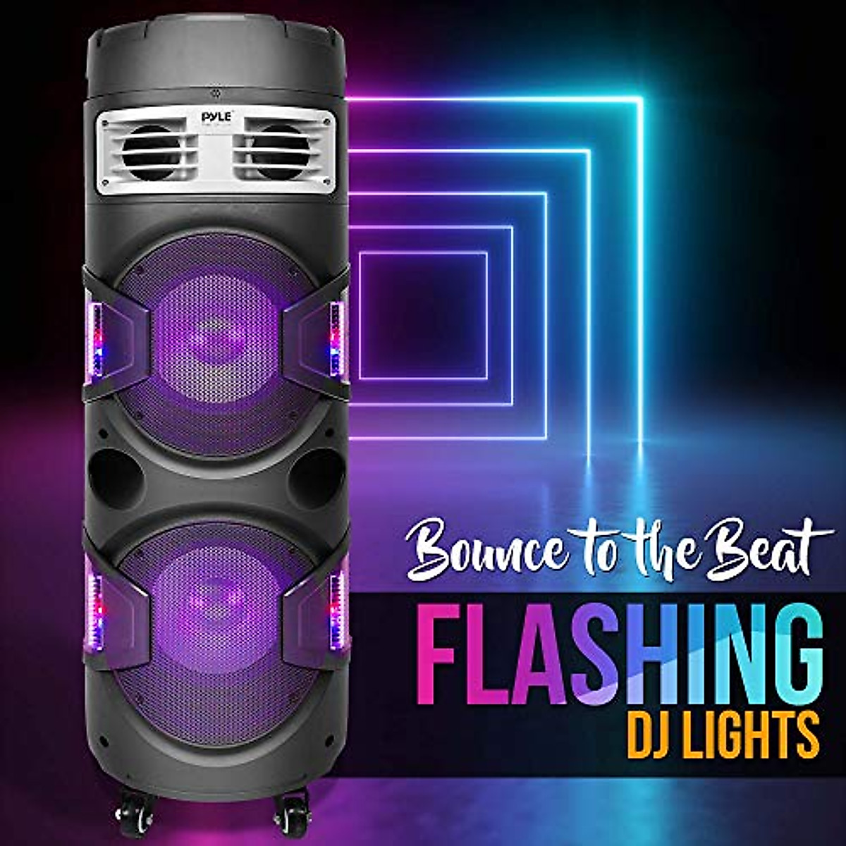 Pyle Portable Bluetooth PA Speaker System - 1200W Outdoor Bluetooth Speaker Portable PA System w/TWS Function, Microphone in, Flashing DJ Party Lights, USB Reader, FM Radio, Rolling Wheels