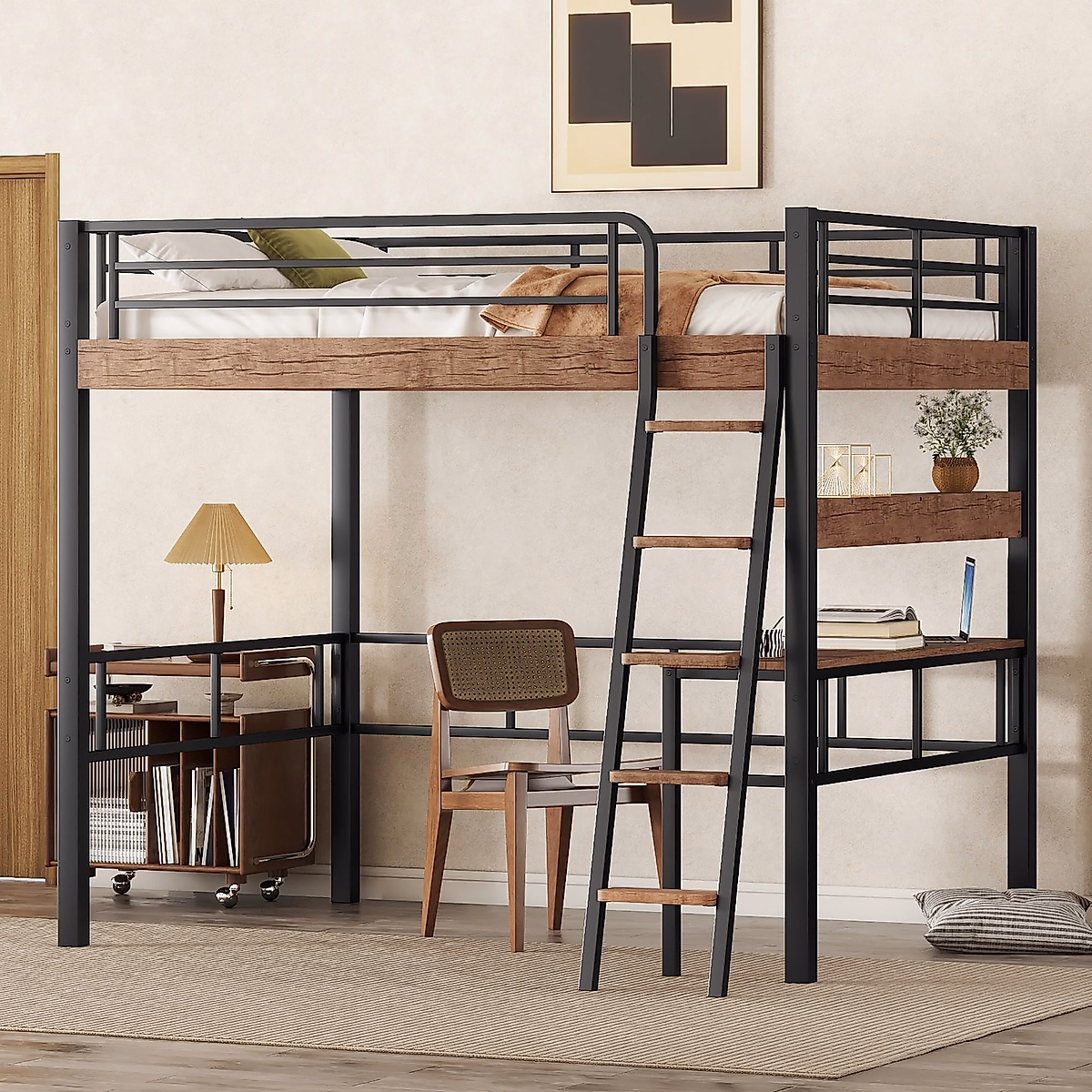 PRNDOLE Full Size Metal Loft Bed with Built-in Desk,Storage Shelf and Ladder for Adults Kids Teens,Black