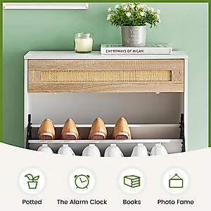 GAOMON Rattan Shoe Storage Cabinet with 2 Flip Door and 1 Drawer, Freestanding Shoe Organizer Rack for Entryway, Hidden Shoe Cabinet with 3-Tier Adjustable Shelves for Hallway Living Room (White)