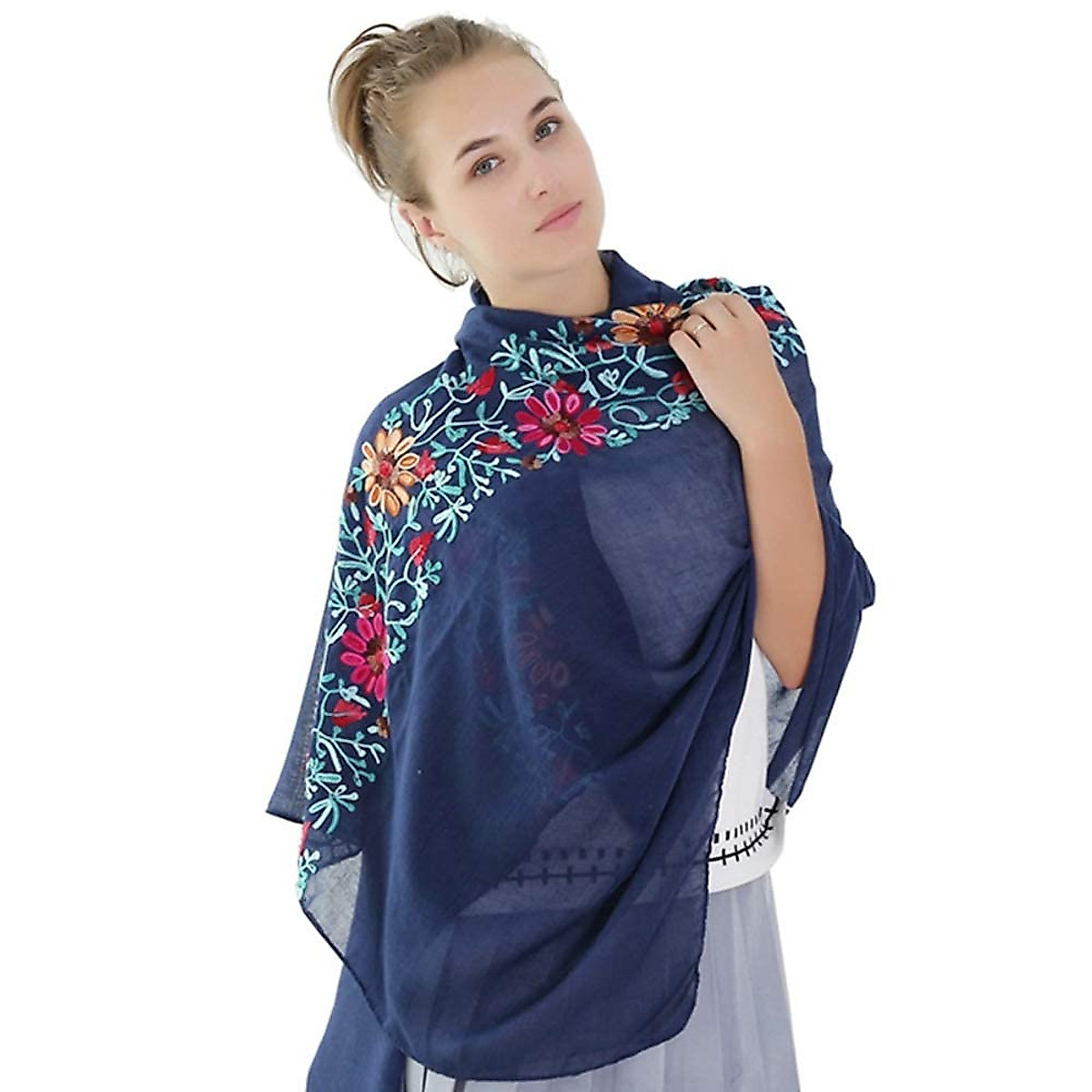 GERINLY Embroidery Flower Scarf for Women Aesthetic Bohemian Head Wrap Lightweight Shawl for Spring (N-Navy)