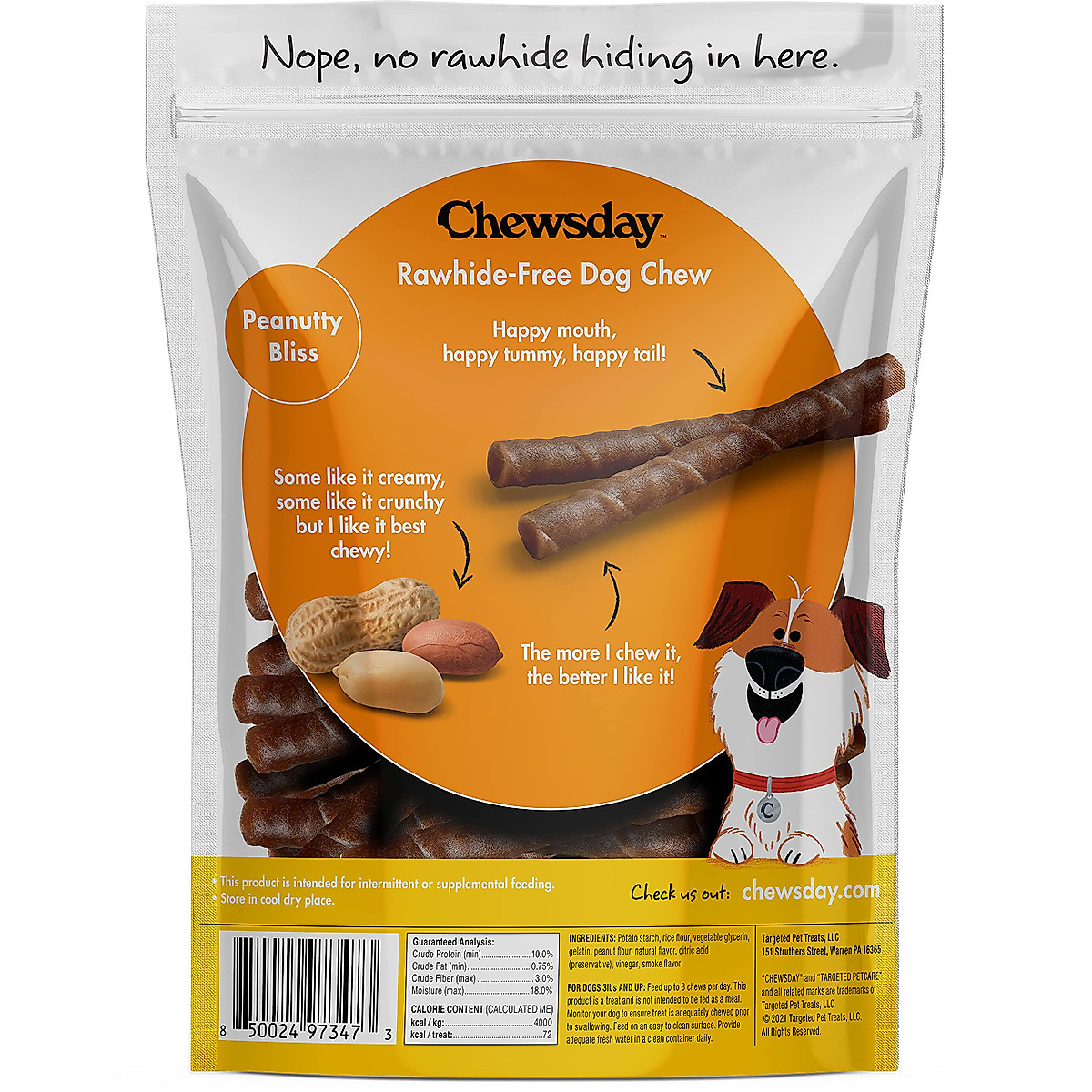 Chewsday 5-Inch Chewy Dog Chew Twists, Made in The USA, All Natural Rawhide-Free Highly-Digestible Treats, Peanutty Bliss - 14 Count