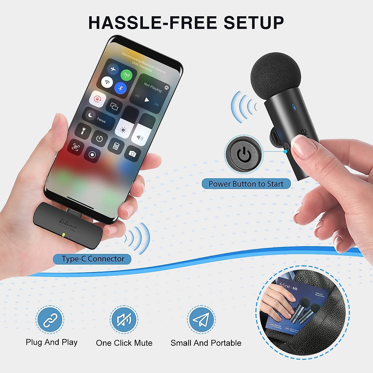 FIFINE Wireless Lavalier System with 2 Microphones, Lapel Mic Clear Sound for YouTube Video Interview Vlog, Dual Mini Mic with Type C Receiver for Android Phone/Tablet/Iphone15(USB C) Laptop-M8