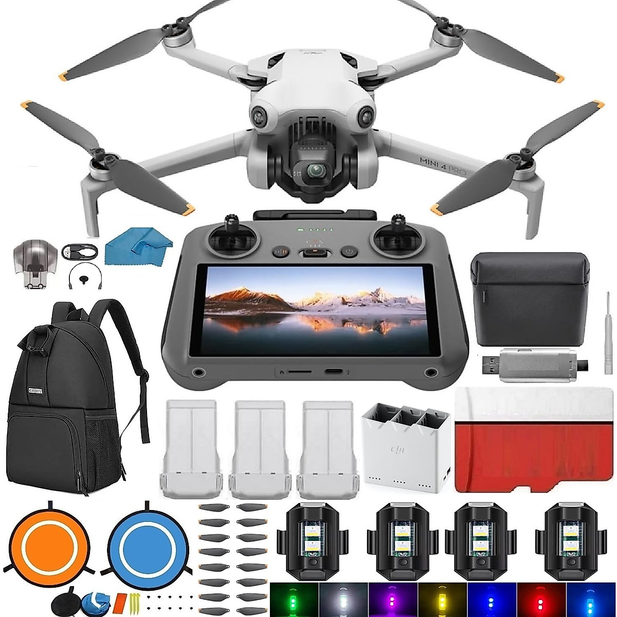 DJI Mini 4 Pro Drone Fly More Combo Plus with DJI RC 2 Screen remote with 3 Battery Bundle Kit 45-min Flight Time Camera Drone Bundle, with 128 GB SD, 3.0 USB Card Reader, Landing Pad, Backpack, Strobe lights and More