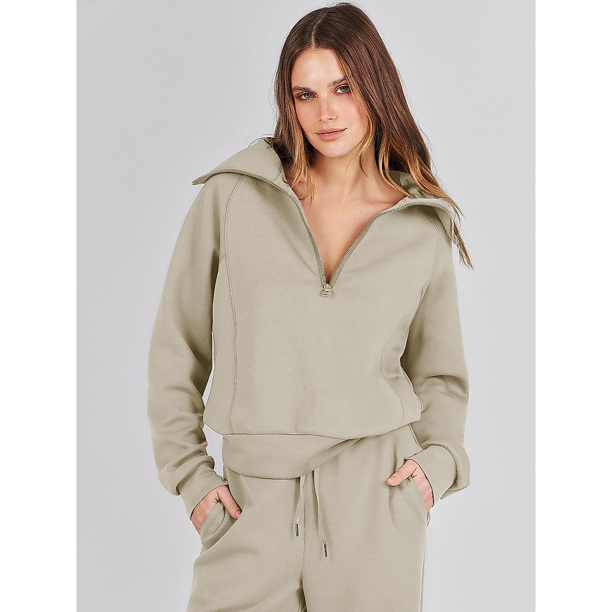 ANRABESS Women 2 Piece Outfits Sweatsuit Oversized Sweatshirt Sweatpants Tracksuit Sweat Lounge Matching Set 2024 Fall Trendy Light Khaki Medium
