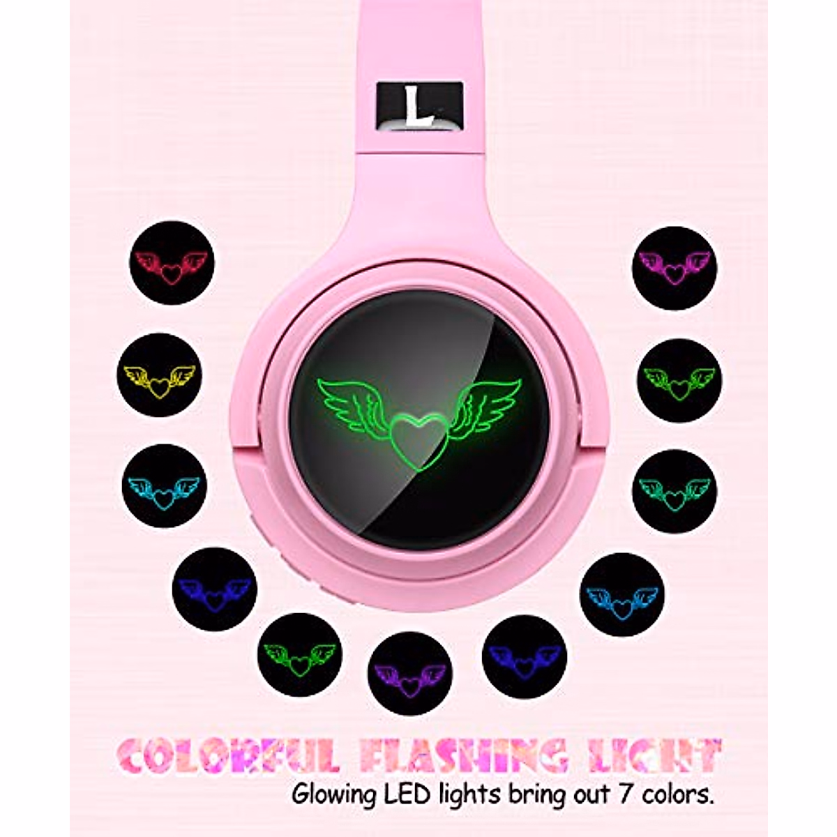 Wireless Headphones for Boys,Girls,Women,Kids,Teens Pink Bluetooth Headset for Smartphones/iPhone/iPad/Laptop/PC/TV Children Over Ear Gaming Headset with Mic&LED Light&Foldable (Angel Wings Pink)