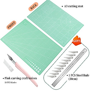 KALAIEN Self Healing Cutting Mat, 18"x12" Cutting Sewing Mat for Craft, 1 Pcs Pink Craft Knife,Steel Rule, 10 Pcs Stainless Steel Blade Kit