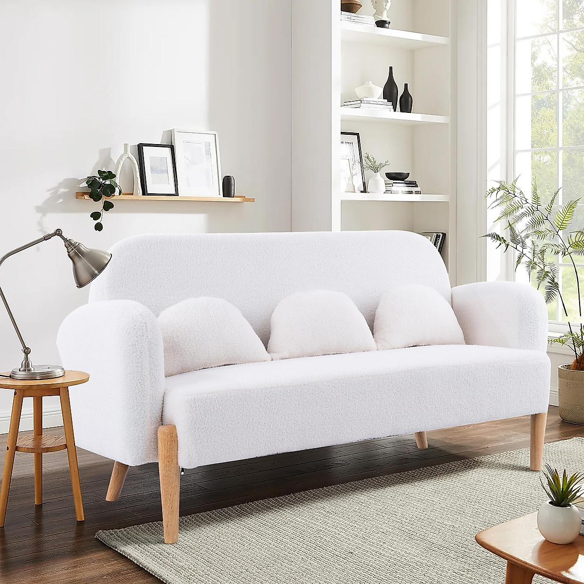 SumKea 59.1'' Teddy Loveseat Sofa, Futon Couch with Three Lumbar Pillows, Small Sofa Couch for Living Room, Apartment, Office, White