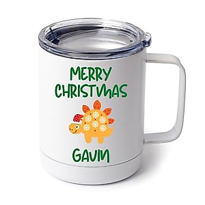 Kid's Christmas Dinosaur Hot Chocolate Mug/insulated with lid/custom Merry Christmas Dinosaur mug with name gift for son grandson nephew