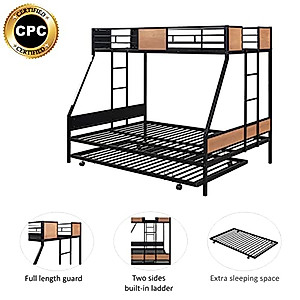 Rophefx Twin Over Full Bunk Bed with Trundle, Metal Bunkbed with Safety Rails and Ladders, Black