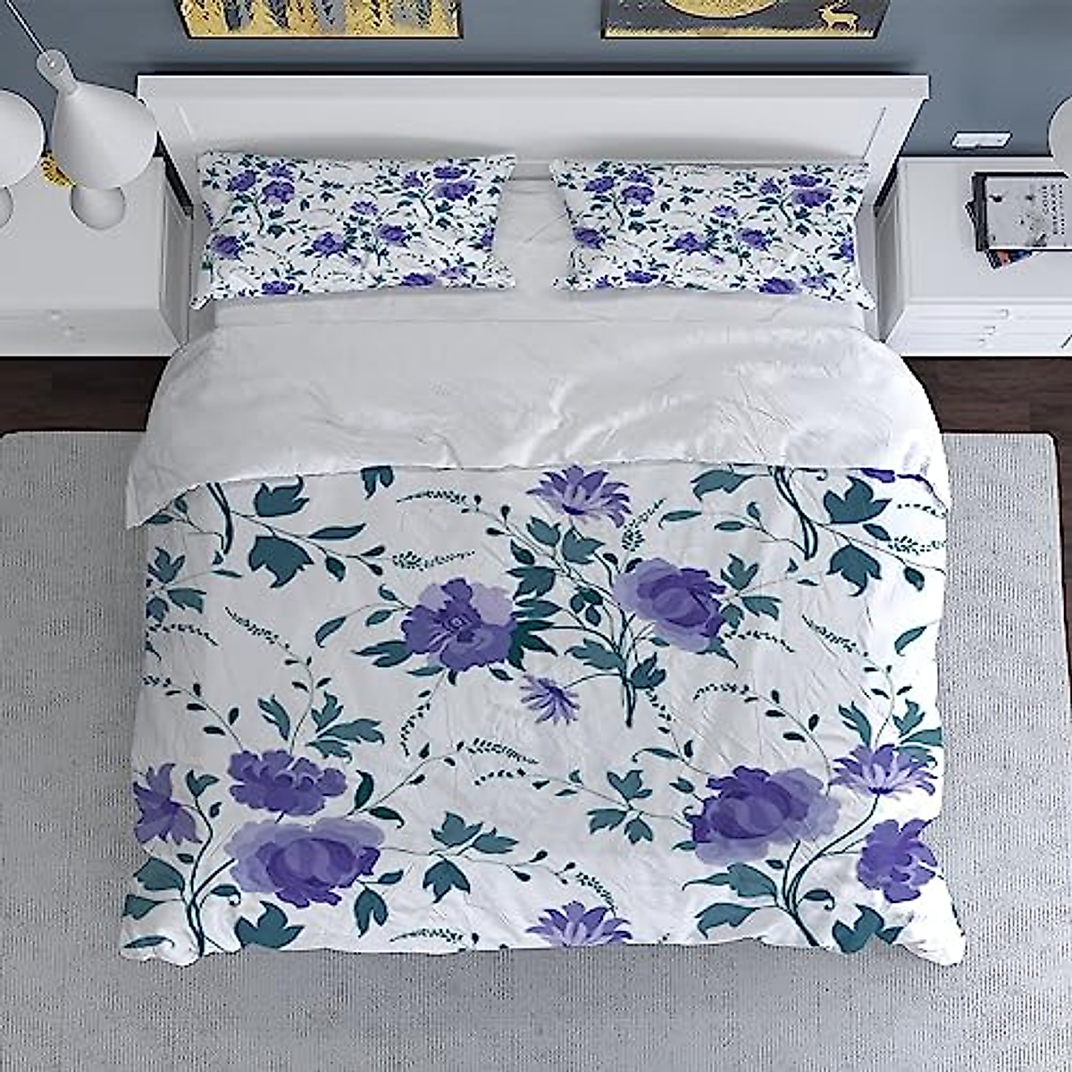 Duvet Cover Sets California King -Watercolor Wildflowers-Bedding Comforter Set Breathable SetsSoft Microfiber 3 Pcs