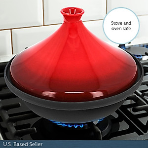 Potted Pans 3.3 QT Enameled Cast Iron and Ceramic Tajine Cooking Pot - Moroccan Tagine Pot Stovetop Tandoori Oven