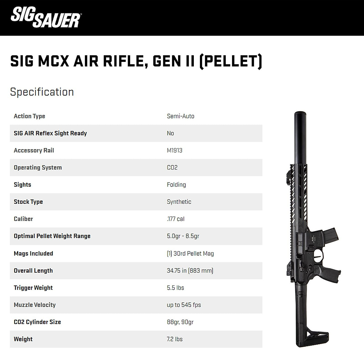 Sig Sauer MCX Gen 2 .177 Caliber 30rd CO2-Powered Semi-Auto Pellet Air Rifle | Accurate High-Performance Airgun for Shooting Training & Practice, Black