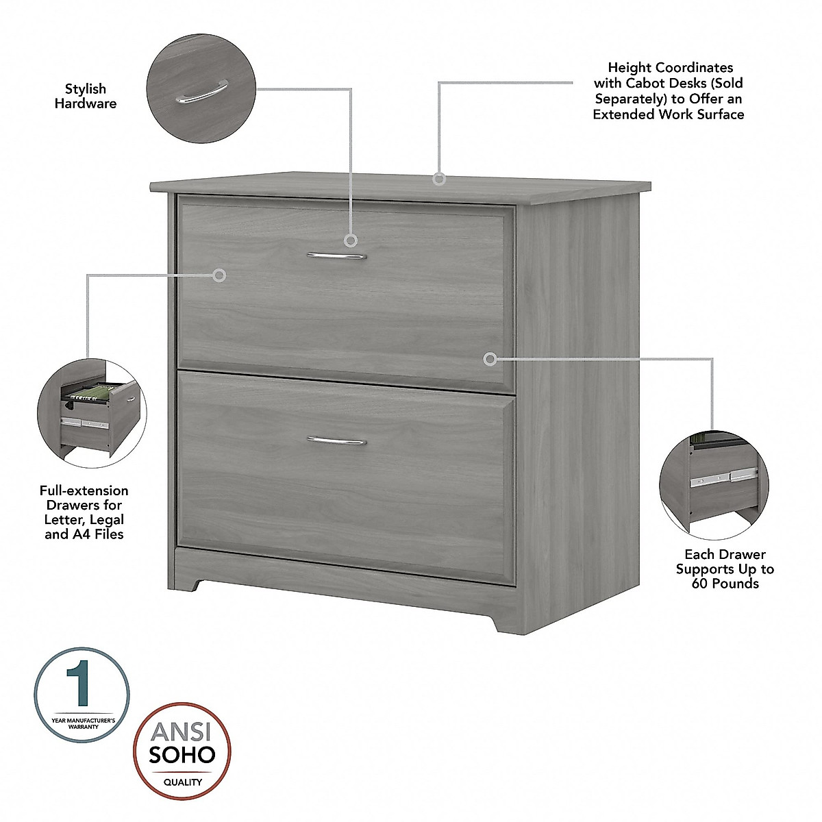 Bush Furniture Cabot 2 Drawer Lateral File Cabinet, Modern Gray