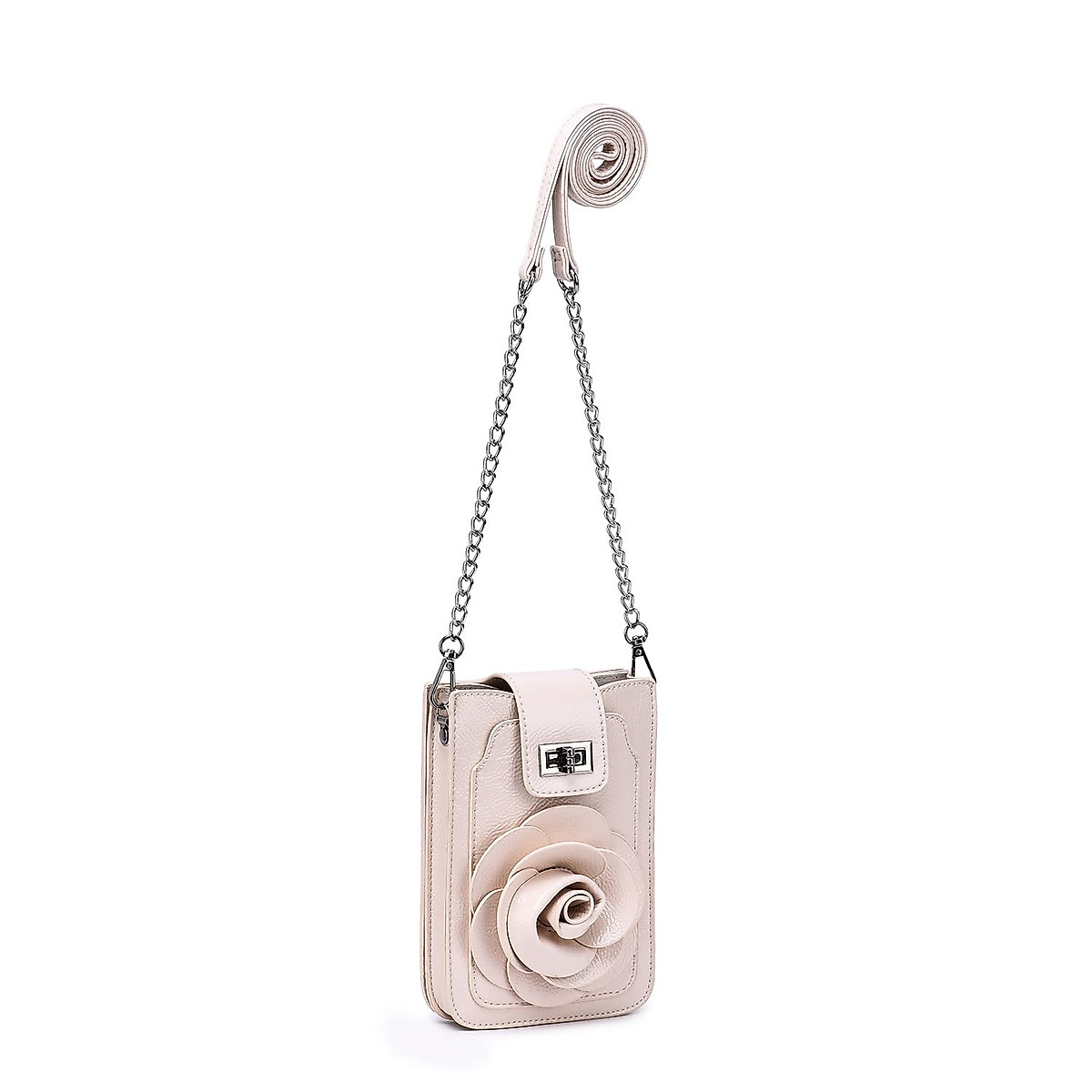 Mellow World Rosa 3D Floral Cell Phone Small Cross Body Shoulder Bag Vegan Leather Women Purse Touch Screen Removable Strap, Cream