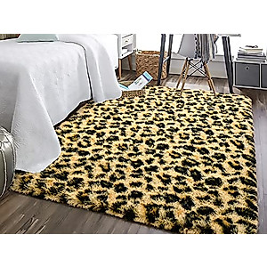HOMORE Premium Leopard Fluffy Rugs, Leopard Print Rug for Living Room Bedroom,Soft Cheetah Print Rug for Kids Children Room, Faux Animal Printed Carpet for Western Decor,5x8 Feet Black and Khaki