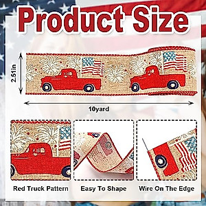 Threetols Patriotic Wired Edge Ribbons 2.5" 10 Yards, Red Truck Wired Ribbon Veterans Day America Flag Fabric Craft Ribbon Fireworks Ribbon for Holiday Party DIY Craft Patriotic Decoration Wreaths Bow