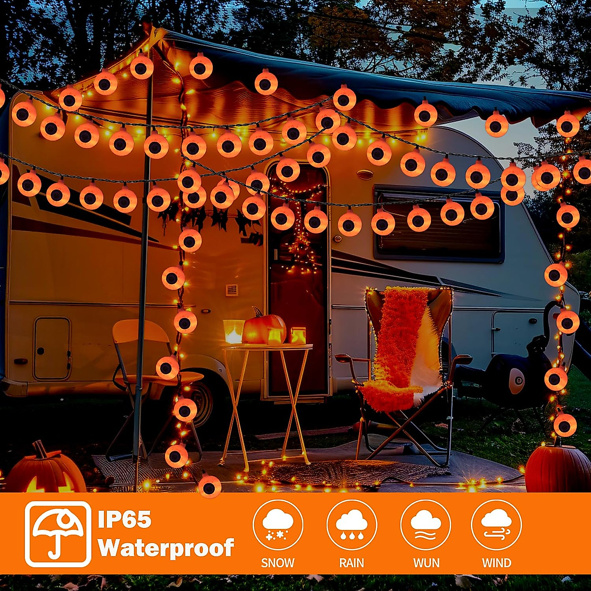 HUGSVIK Big Eyeball Solar Orange Halloween Lights, 26Ft 40 LED Solar Halloween Lights String with 8 Modes, Waterproof Solar Halloween Decorations Outdoor Lights for Patio Porch Garden Yard Decor