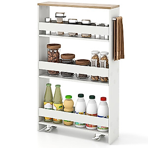 COSTWAY Slim 4-Tier Rolling Utility Cart, Wooden Shelving Unit with Handle & Wheels, Ideal for Small Spaces