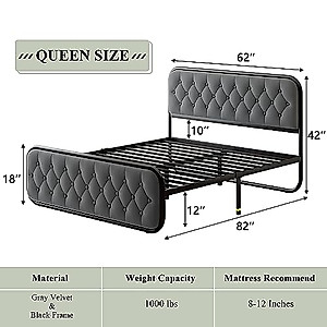 Feonase Queen Bed Frame, Heavy Duty Bed Frame with Buton Tufted Headboard, Upholstered Platform Bed with Strong Metal Slats, 12" Under-Bed Storage, Noise-Free, Easy Assembly, Grey