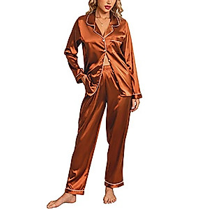 Anjue Women's Pajamas Set Long Sleeve Satin Pjs Silk Pajamas Casual Lounge Set Button Down Pjs Sets Sleepwear(Orange,XXL)