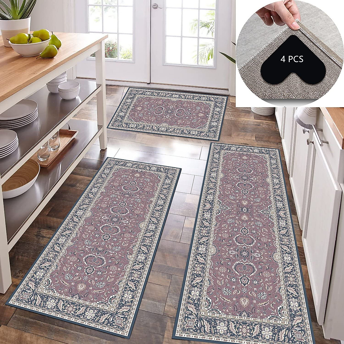 Jinaply Kitchen Rugs Sets 3 Piece with Runner Non Slip,Kitchen Rugs and Mats,Red Bohemian Kitchen Runner Rug Set for Non Skid Washable for Hallway Kitchen Laundry Room Bathroom