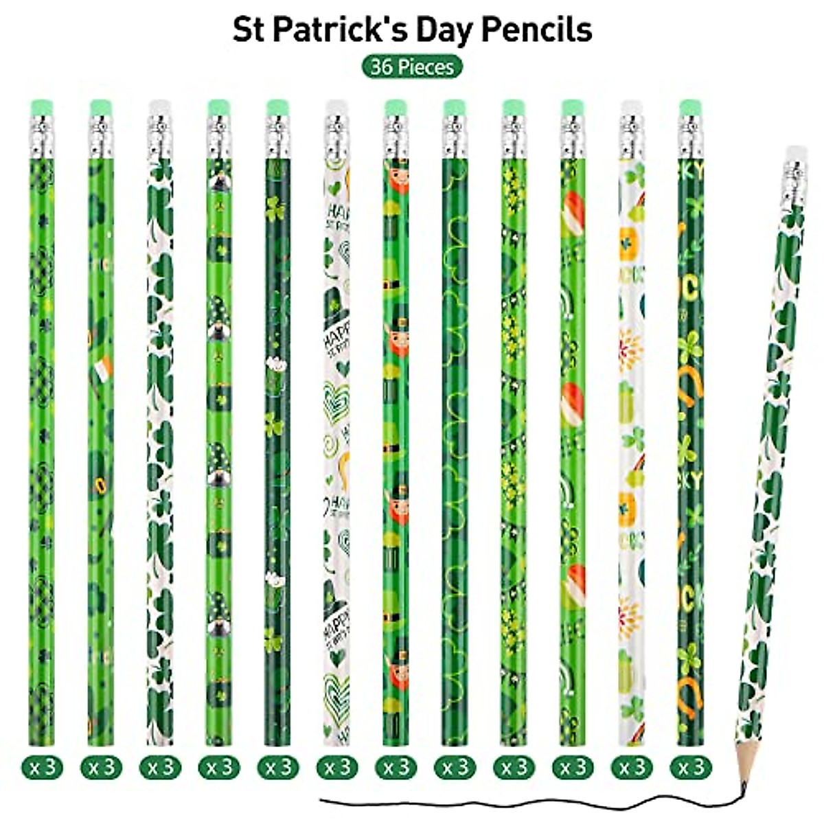ADXCO 36 Pieces St Patrick's Day Pencils Green Shamrock Pencils with Erasers and Pencil Bucket Irish Pencils for St. Patrick's Party Favors Supplies, School, Classroom, 12 Styles