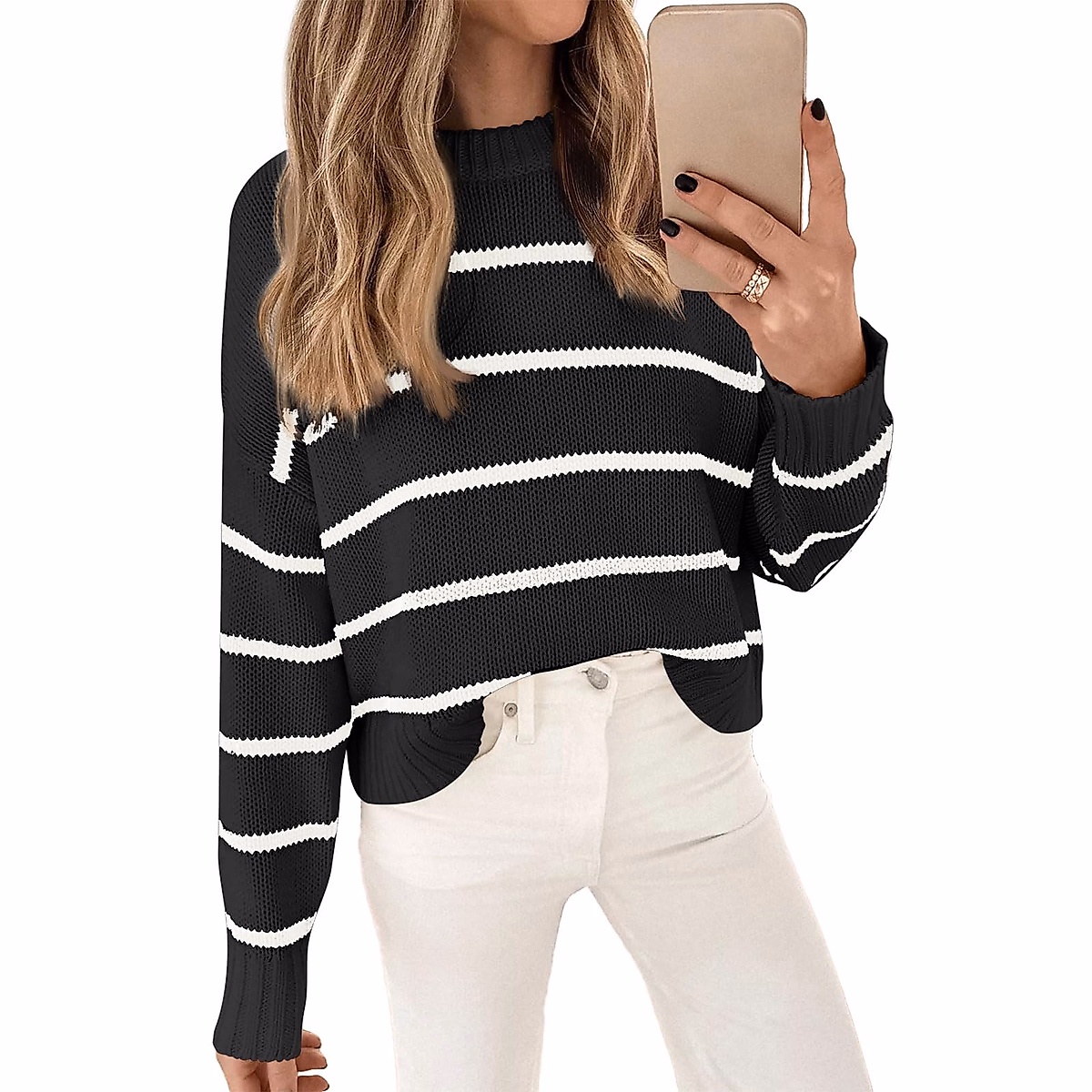 LILLUSORY Womens Cropped Striped Sweater 2025 Trendy Casual Pullover Ribbed Knit Cute Crewneck Lightweight Cotton Cozy Checkred Sweaters Black M