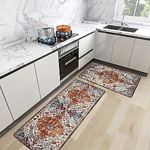 chiinvent Boho Kitchen Rugs Set of 2 Anti-Fatigue 0.4 Inch Thick Farmhouse Vintage Bohemian Kitchen Floor Mats Non Slip Waterproof Comfort PVC Mat Decor for Sink Laundry 17.3 x 28+17.3 x 47 Inch