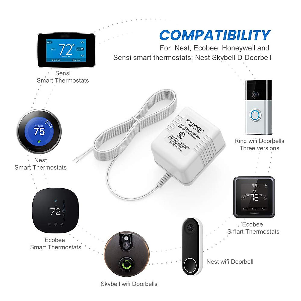 Xwartre UL Certified Thermostat C Wire 24V Transformer, White Adapter Compatible with Honeywell, Nest, Emerson, Ecobee, Wyze Thermostat and Most Doorbells (26FT Power Cable)