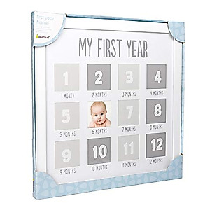 Pearhead My First Year Photo Moments Baby Keepsake Picture Frame, Baby's First Year Photo Frame, Gender-Neutral Baby Milestone Nursery Decor, White and Gray