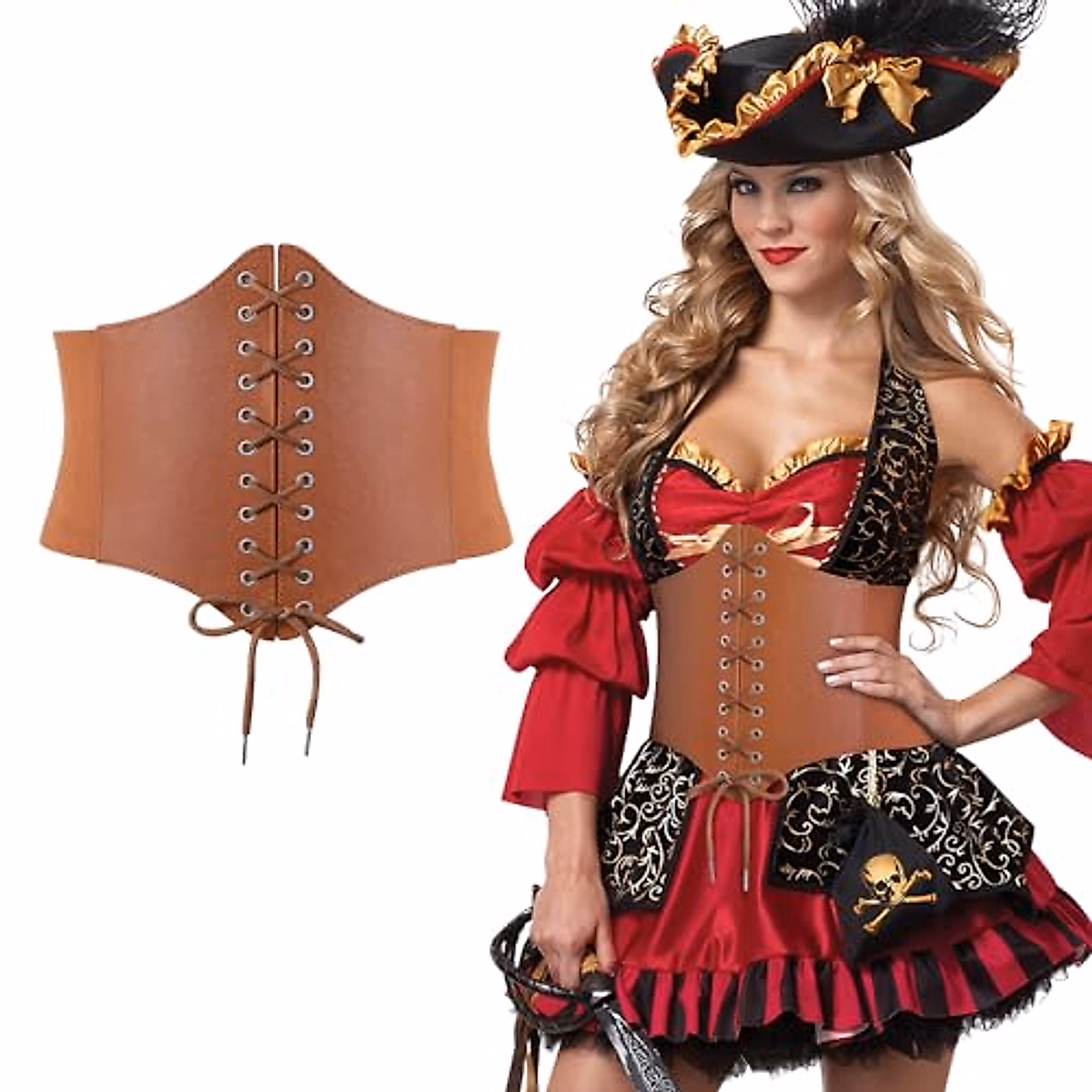 XZQTIVE Womens Corset Belt Elastic Waist Belt Lace-up Cinch Belt Pirate Corset Belt Renaissance for Costume 5.9'' Width(Brown, Fit Waist 32-36in)