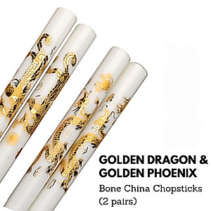 LeBlue 2 Pairs Golden Dragon and Phoenix Bone China Chinese Reusable Dishwasher Safe Chopsticks WEDDING GIFT SET